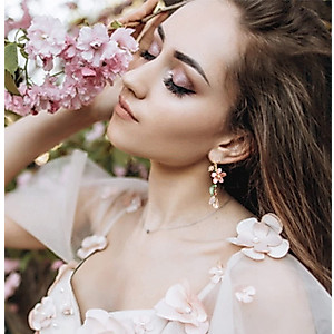 LAKIYOYO Pink Flower Dangle Earrings for Women Cute Pearl Leaf Sakura Leaf Earrings Fairy Statement Summer Refreshing Seaside Idyllic Holiday Earrings