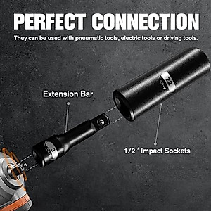 PGROUP 18-Piece 1/2 Inch Drive Deep Impact Socket Set, Standard 6 Point Metric Sizes (10mm - 24mm), Cr-V Steel, with 3", 5", and 10" Impact Extension Bars and Heavy Duty Storage Case