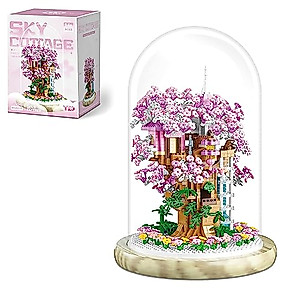Insgen Cherry Blossom Bonsai Tree House Building Set for Adults, 1382 Pcs Micro-Particle Ideas Sakura Tree, Complete with String Lights, Dust Cover, and Wooden Base(Not Compatible with Lego Set)