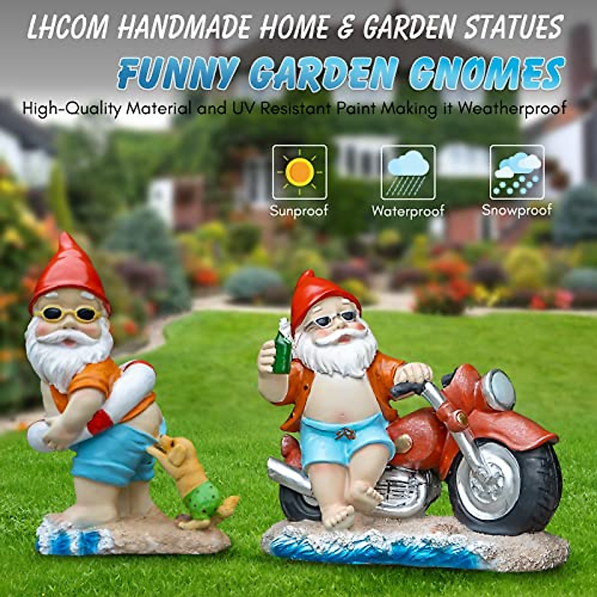 Lhocm Hawaiian Style Garden Gnomes Outdoor Decor -7.9" Motorcycle Beach Gnome for Spring and Summer Garden Decor - Perfect for Patio, Lawn, Yard, Balcony and Home - Funny Housewarming Gifts
