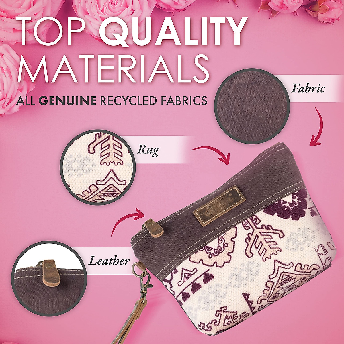 SIXTEASE Women's Fashion Wristlet Small Clutch With Wrist Strap - Vintage Style Zipper Made with Genuine Leather, Upcycled Canvas, Rug, or Hair On - Unique Designs, Hand Stitched - Iris