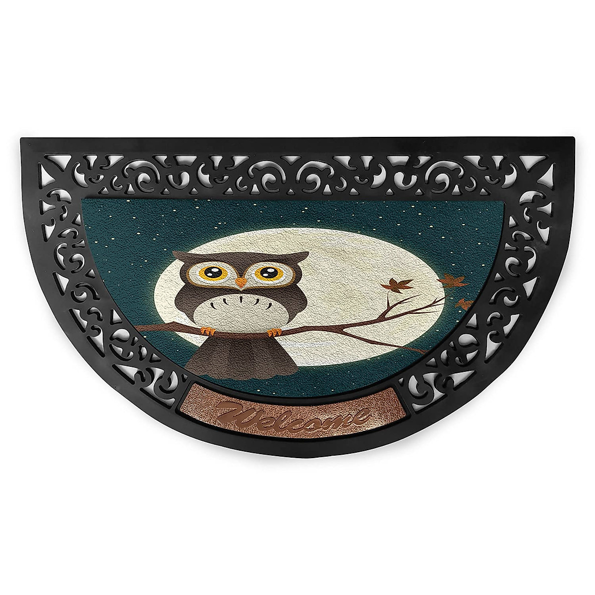 Ambesonne Owl Feather Doormat, Cartoon Scene of Night Bird Sits on Autumn Branch Full Moon, Semi Circle Entryway Welcome Mat for Front & Backard 2 Pieces, 19.6" x 31.4", Teal Brown