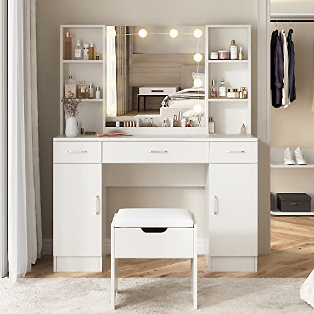 Vabches Makeup Vanity Desk with Lights, 3 Lighting Colors, White Vanity Set Makeup Table with 3 Drawers, 2 Cabinets & Multiple Shelves, Large Vanity 45.2in(L)