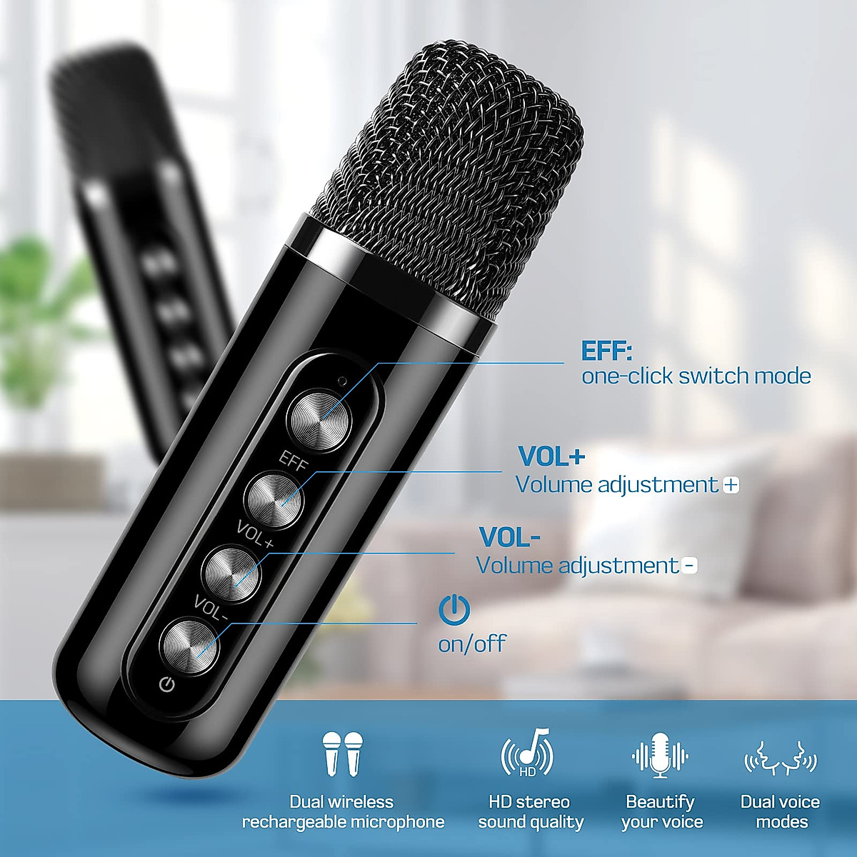 Wireless Karaoke Machine with 2 Microphones - Multifunctional Portable Mini Karaoke Machine, Karaoke Speaker Supports Bluetooth/USB/Aux/TF for Kids, Adults, Family, Party, Gift (Black)