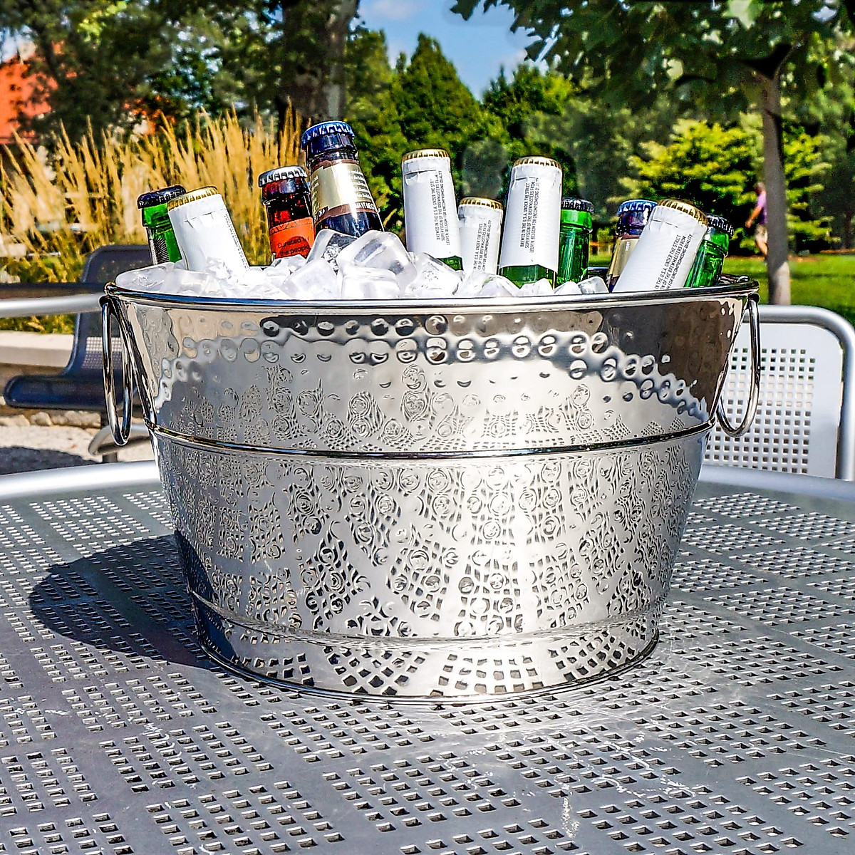 BREKX Stainless Steel Ice Bucket Round - Leak-Resistant Champagne Bucket - Hammered Drink Cooler for Parties - 15 Quarts - Metal Gift Basket for Wedding, Anniversary, or Housewarming