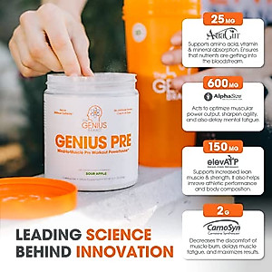 Genius Pre Workout Powder, Sour Apple - All-Natural Nootropic Pre-Workout & Caffeine-Free Nitric Oxide Booster Supplement with Beta Alanine & Alpha GPC - No Artificial Flavors, Sweeteners, or Dyes