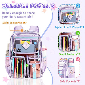 PIG PIG GIRL Clear Backpack for School,Heavy Duty PVC Transparent Bookbag for Girls Stadium Approved See Through Backpack for Women for College Work Travel Festival,Purple and Blue