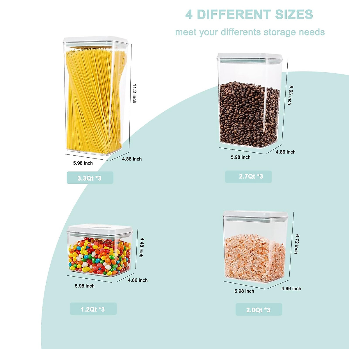 Cozey Daily Pop Airtight Food Storage Containers with Lids for Kitchen Pantry Organizing Stackable Container for Cereal Snack Flour Sugar Coffee Spaghetti -12 Pcs(1.2, 2.0, 2.7, 3.3qt)*3