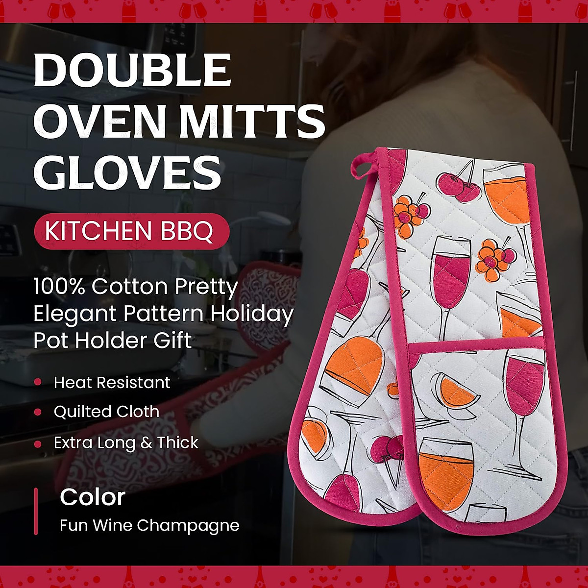 Kitchen BBQ Modern Fun Party Double Oven Mitts Gloves | Extra Long & Thick, Heat Resistant | Quilted Cloth Attached 1 Piece Oven Gloves | 100% Cotton Wine Christmas Champagne Pot Holder