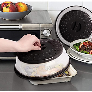 2-Pack Upgraded Microwave Splatter Cover, 10.5 inch Vented Collapsible Microwave Cover for Food, Microwave Plate Cover, Fruit and Vegetable Dish Drainer Basket, BPA-Free, Easy to Grip (Black)