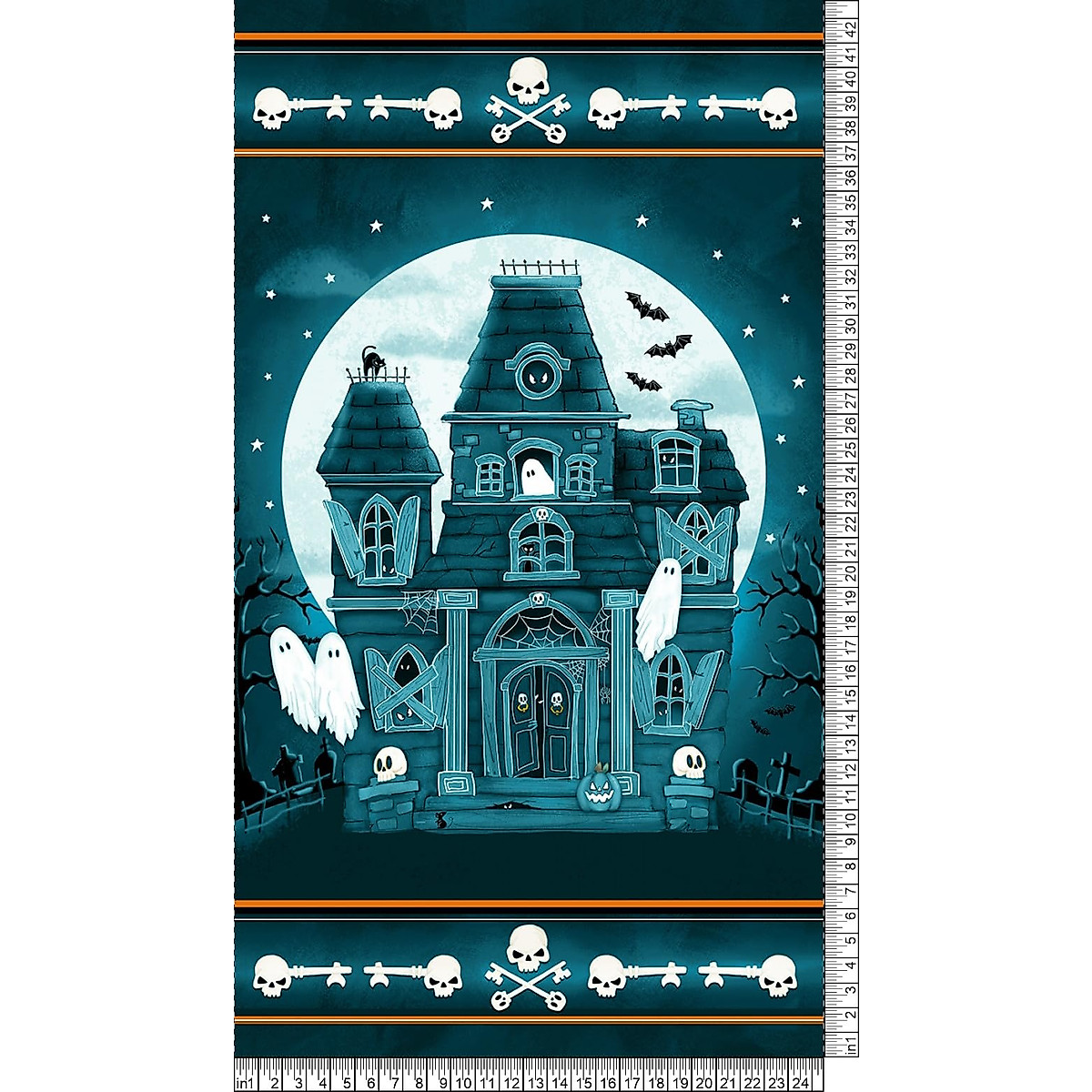 Henry Glass Welcome Foolish Mortals 24.5" Haunted House Panel Glow in The Dark Dark Teal, Fabric by The Panel