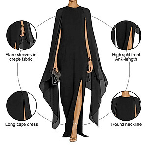 MAYFASEY Women's Flare Chiffon Sleeve High Split Formal Evening Gown Maxi Dress with Cape Black XXL