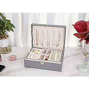 Voova Jewelry Box Organizer for Women Girls, 2 Layer Large Men Jewelry Storage Case, PU Leather Display Jewellery Holder with Removable Tray for Necklace Earrings Rings Bracelets, Vintage Gift,Grey