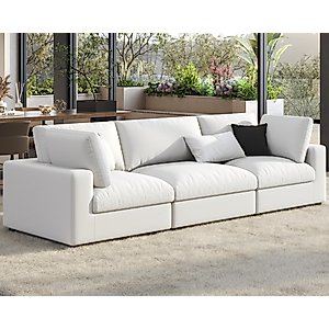 PaPaJet Modular Sectional Sofa, 114 Inches Down Filled Sectional Sofa, 3 Seater Oversized Comfy Couch for Living Room, White Linen Cloud Couch Set