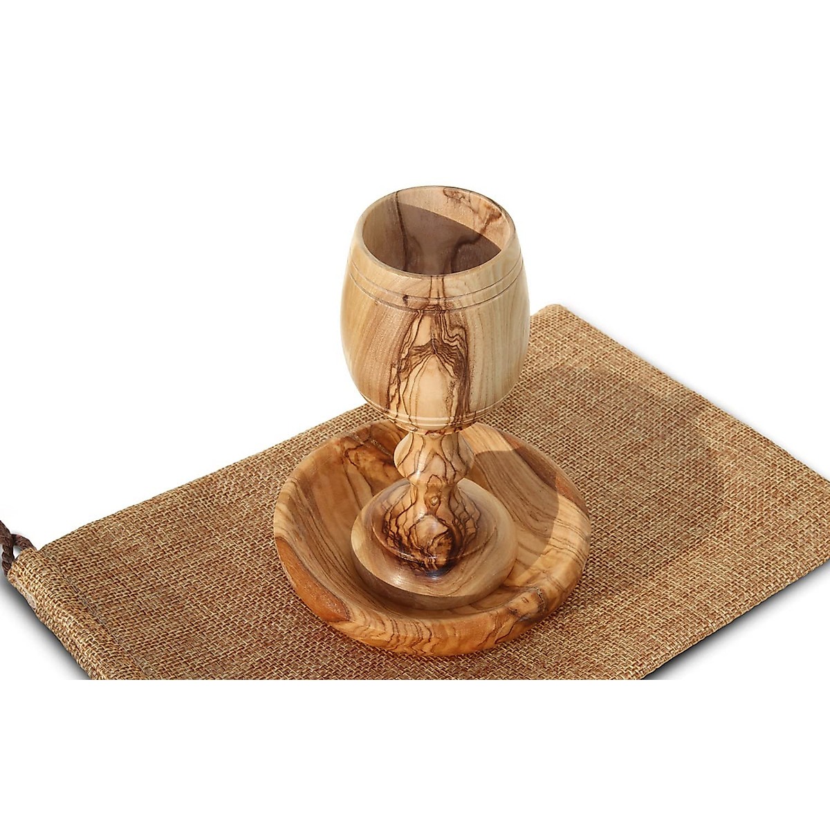 Communion Cups, Goblet, Chalice - the Lord's Supper - Wooden Bread Tray with Handmade Olive Wood Kiddush Cup also for Eucharist of the Holy Communion in Christian Congregations in Gift Bag.