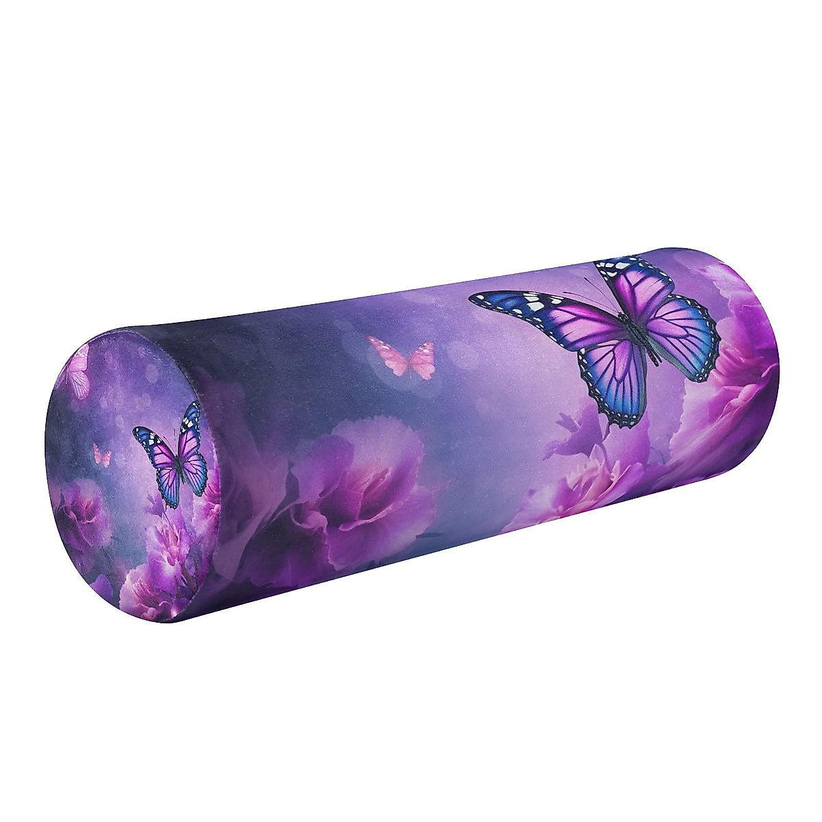 xigua Purple Butterfly Neck Roll Pillow for Neck Relief with Removable Washable Cover - Memory Foam Round Cylinder Bolster, Ergonomically Designed for Head, Neck, Back, and Legs