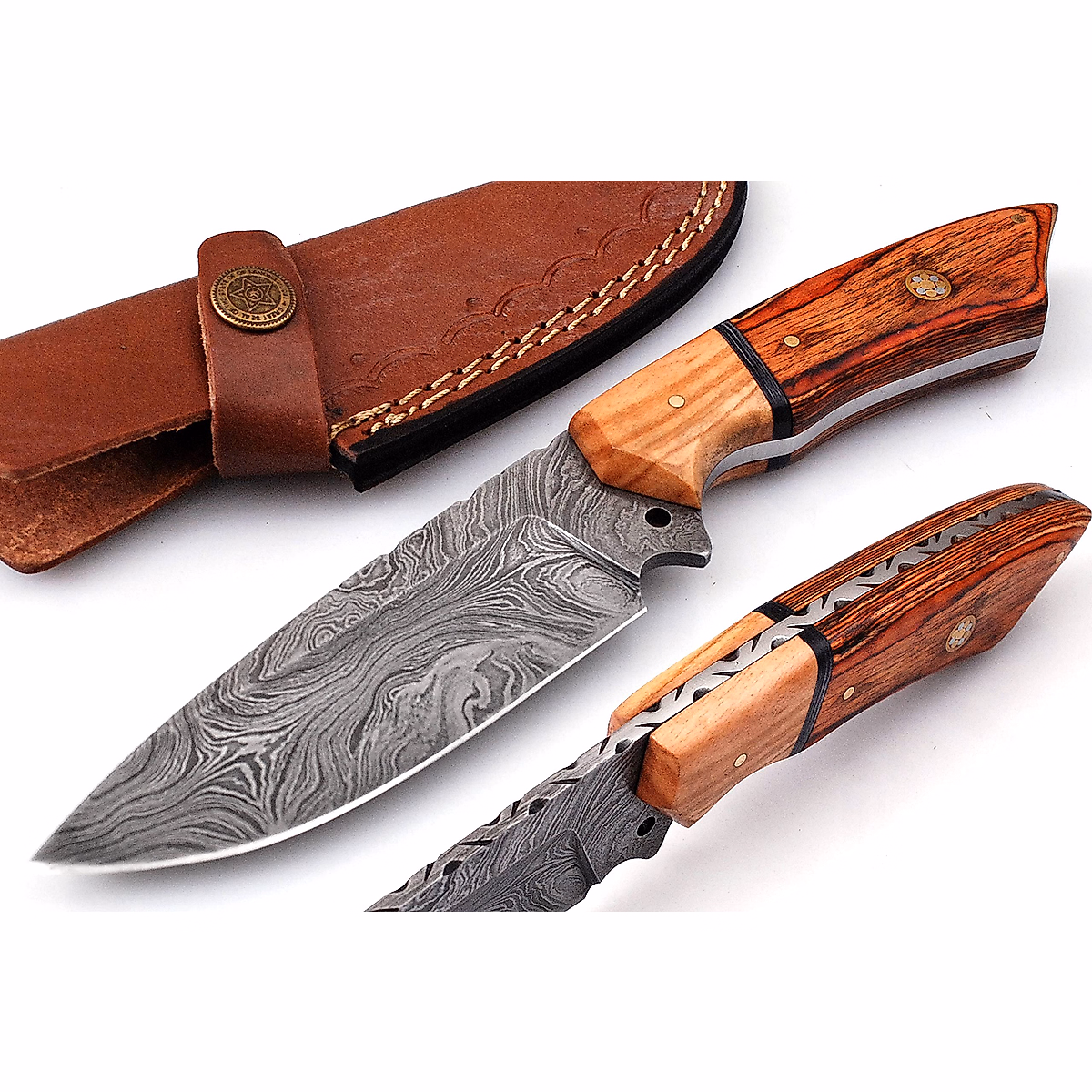 Damascus Knives for Hunting Skinning - Fixed Blade Hunting Knife with Sheath - Damascus Steel Knife with Wood Handle - 9 Inches Handmade Skinner Camping Knife.