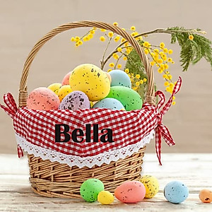 Personalized Name Wicker Easter Basket wIth Handle for Kids Girls Boys Custom Willow Bamboo Easter Basket with Red White Liner Customized Burlap Egg Hunt Tote Rattan