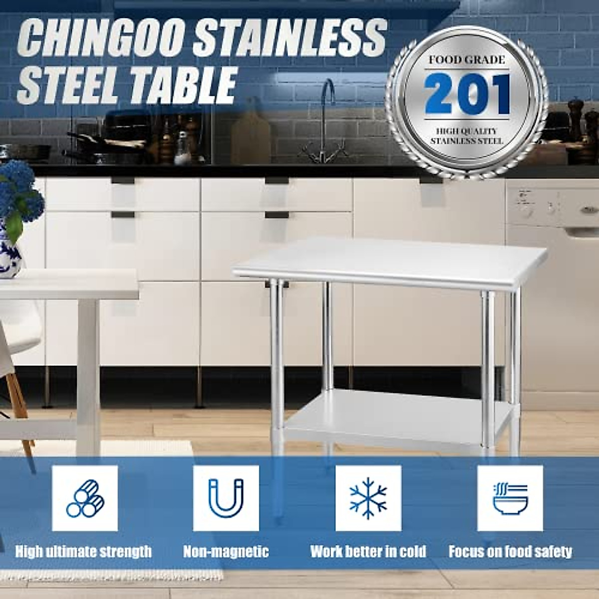 Chingoo Stainless Steel Table 24 x 36 Inches Metal Prep Table with Adjustable Undershelf, Stainless Table for Commercial Kitchen, Outdoor, Restaurant, Hotel & Garage