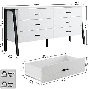 LIKIMIO 59" 6 Drawer Dresser for Bedroom, Wood Dressers & Chests of Drawers with Metal Frame, Large Storage Cabinet, Closet, Hallway, White Dresser