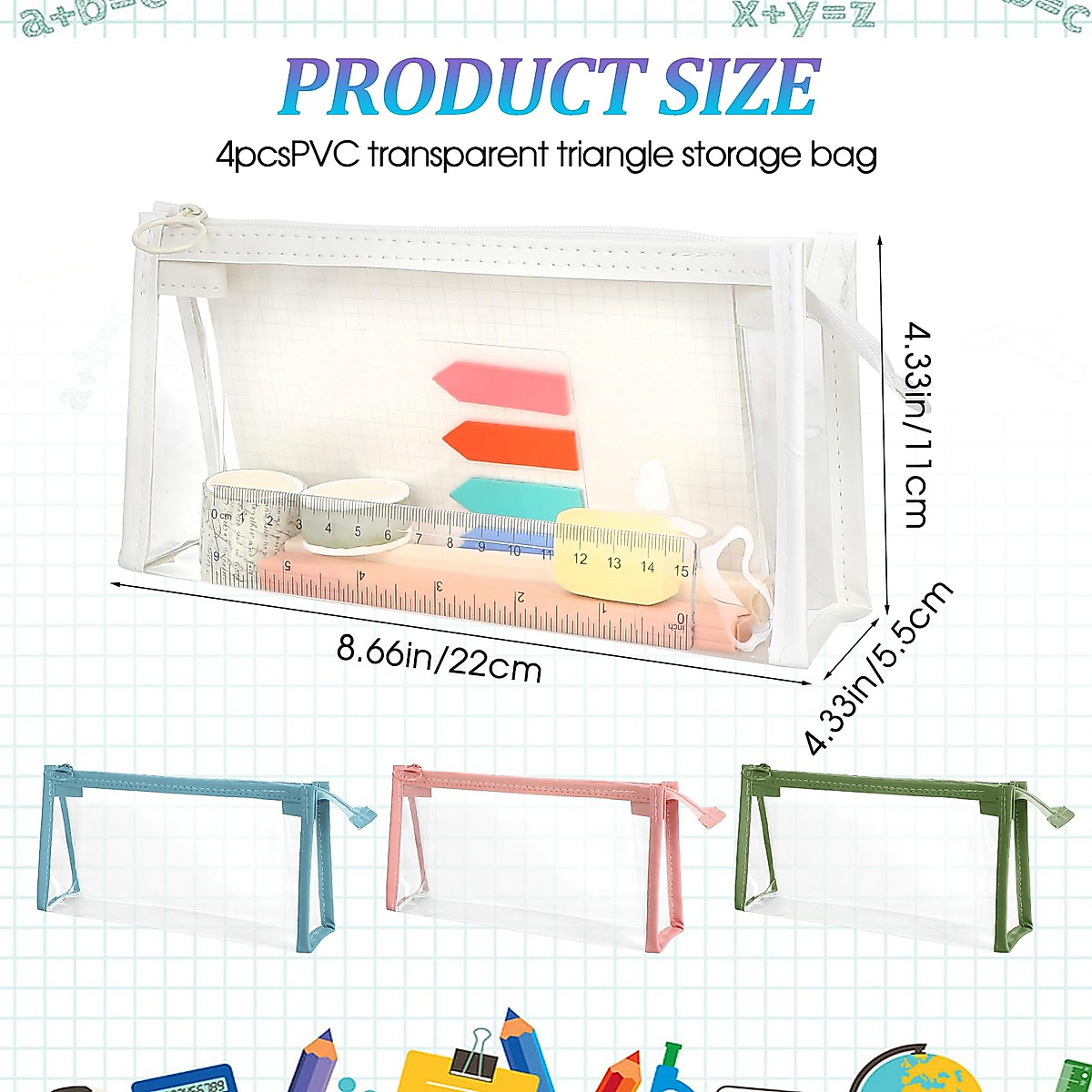 salbsever 4 Pcs Clear Pencil Bag Pencil Case with Zipper Pen Pouch Transparent Marker Pouch Pencil Case Travel Toiletry Cosmetic Makeup Bag Pencil Storage Bag Multifonction Organizer Bag for Adults