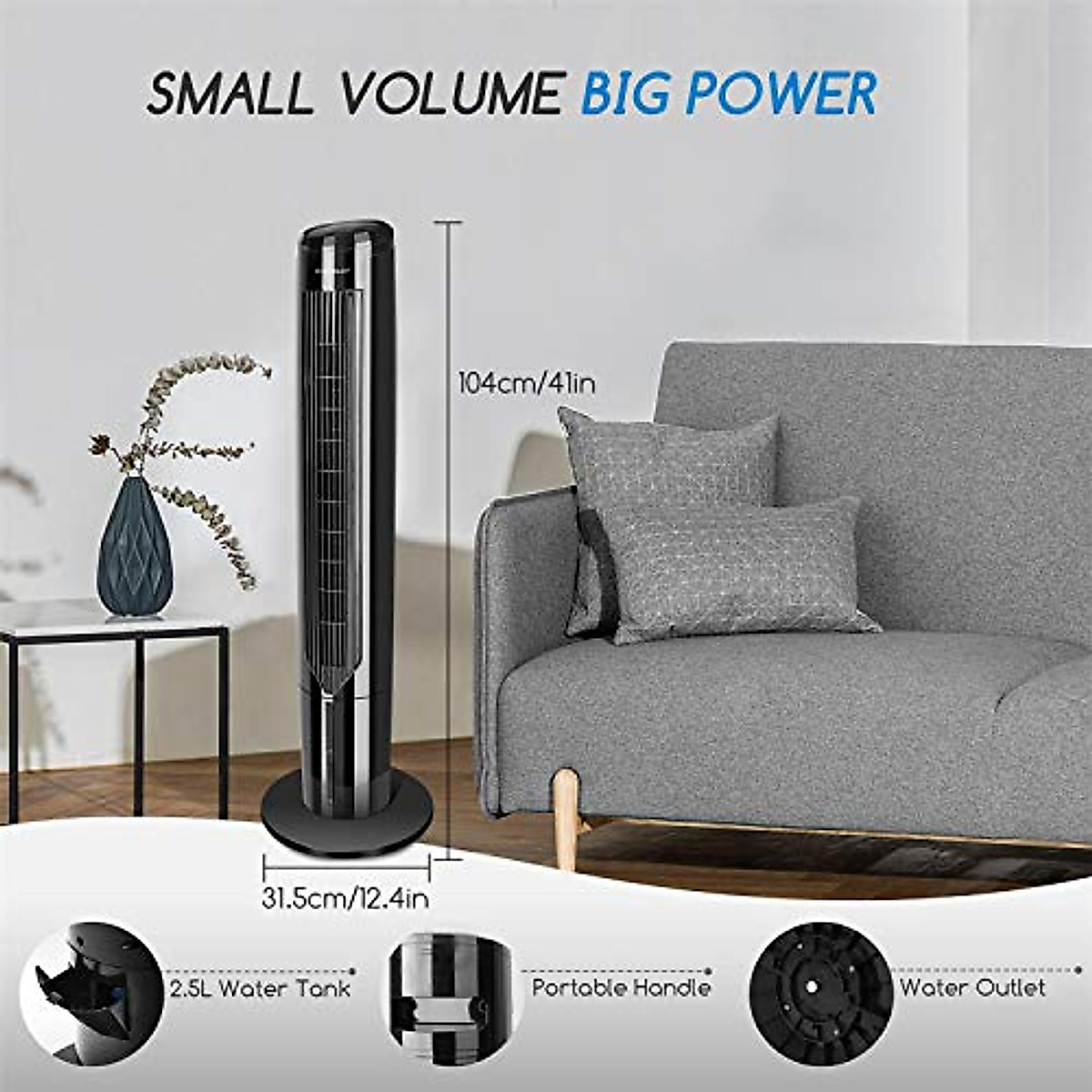 Aigostar Cooling Tower Fan with Remote Oscillating Quiet Bladeless Evaporative Air Cooler Humidifier for Room, Water Tank, LED Display, 1-9H Timer, 40", Black