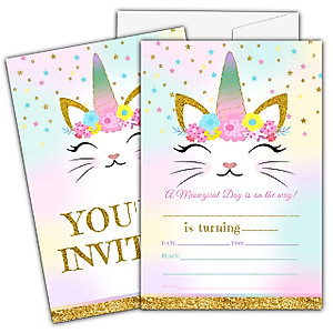 Ycyfckdr Caticorn Birthday Invitations for Kids, Kitty Unicorn Birthday Party Invitation Cards, Rainbow Cat Floral Party Celebration Supplies Decoration -20 Fill in Invitations with Envelopes (B03)