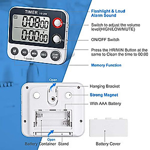 HomeMall Digital Dual Kitchen Timer, Cooking Timer, Dual Count Up ＆ Down Timer with Magnetic Back, Large Display, Adjustable Volume and Flashing Alarm Light, ON/Off Switch Stopwatch, Battery Included