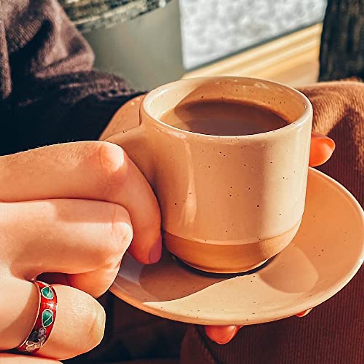 Mora Ceramic Mini Espresso Cups Set of 4, 3oz - Tiny Italian Inspired Mugs With Saucers For Small Shots of Coffee - Modern Boho Style For Any Kitchen or Cafe. Microwave Safe Porcelain - Asstd Neutrals