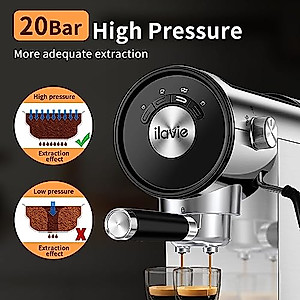 ILAVIE Espresso Coffee Machine, 20 Bar Espresso Machine with Steamer, Compact Espresso Maker with Milk Frother for Home, Stainless Steel Cappuccino Machine for Cappuccino, Latte, 1250W
