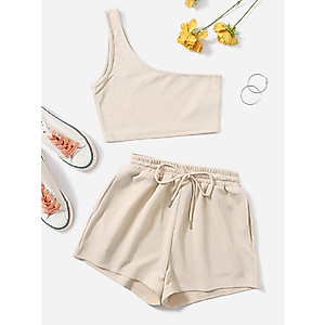 Verdusa Women's One Shoulder Tank Top and Lounge Shorts 2 Piece Tracksuit Set Khaki S