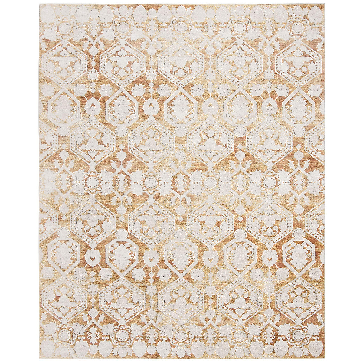 SAFAVIEH Palermo Collection Area Rug - 9' x 12', Gold & Beige, Oriental Vintage Distressed Viscose Design, Ideal for High Traffic Areas in Living Room, Bedroom (PLM846G)