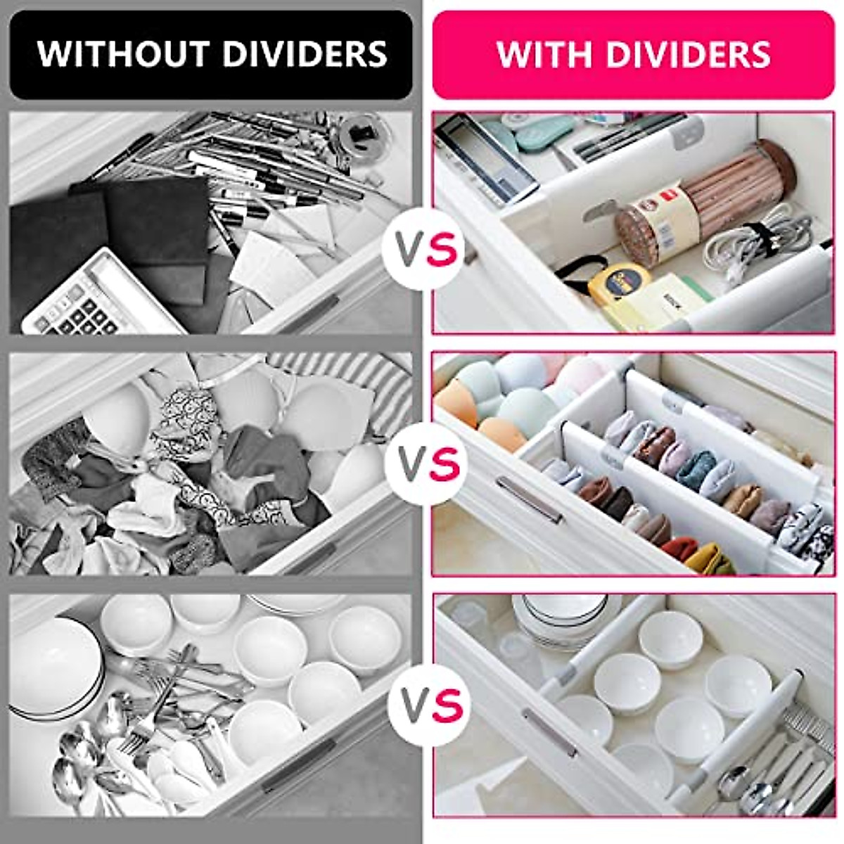 Drawer Dividers Organizers 4 Pack, Expandable from Length 14.9-21.3'', Adjustable 4" High, Deep Dresser Drawer Organizer, Plastic Drawer Separators for Clothing, Kitchen Utensils and Office Storage