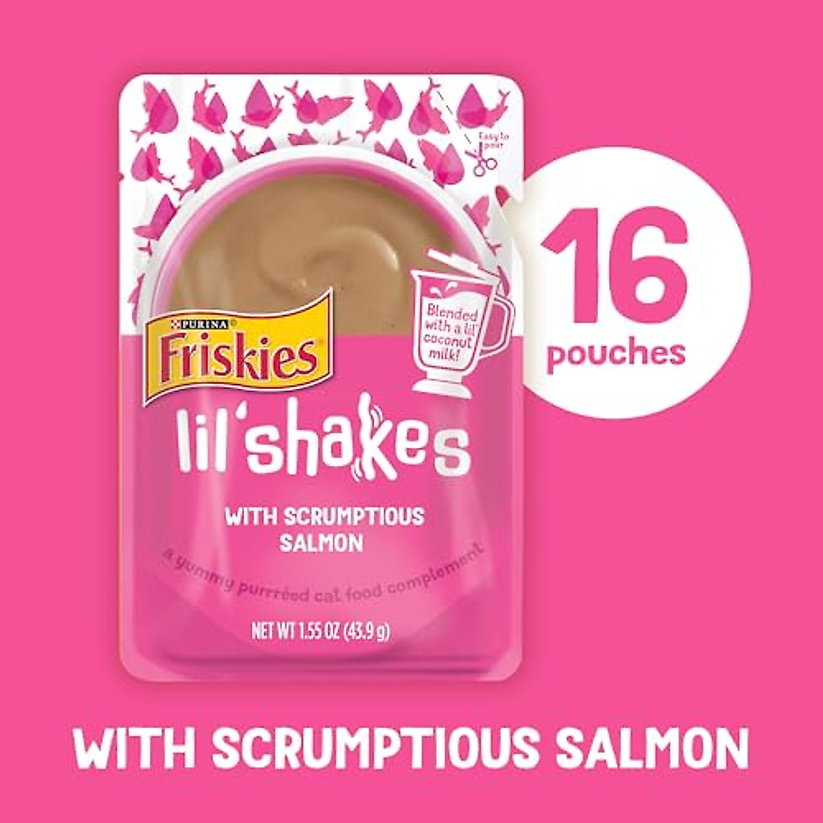 Purina Friskies Pureed Cat Food Topper, Lil’ Shakes With Scrumptious Salmon Lickable Cat Treats - (Pack of 16) 1.55 oz. Pouches