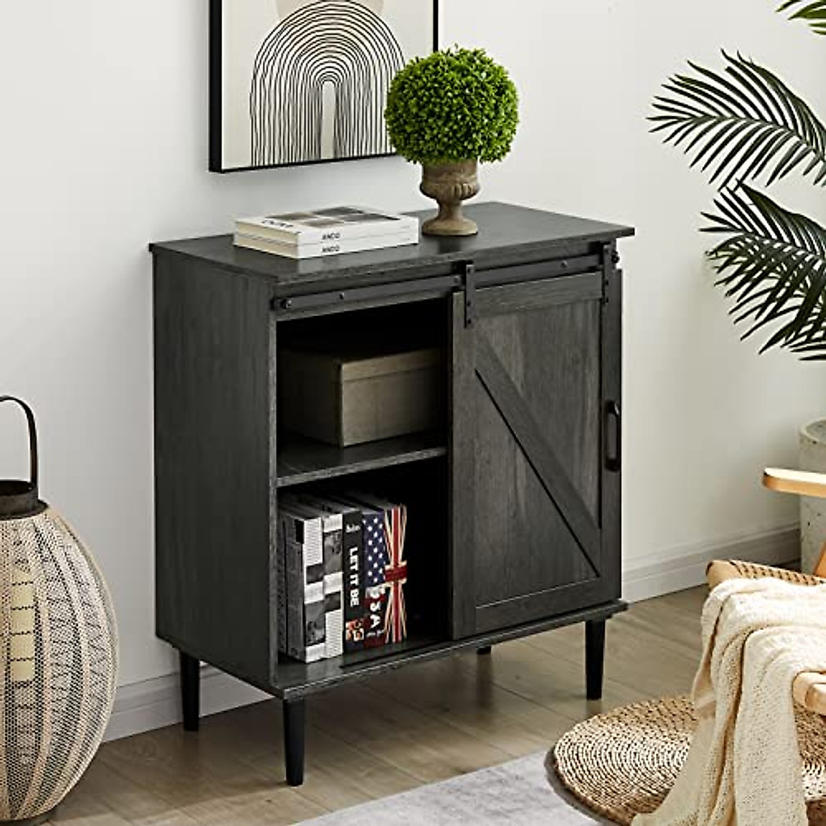 IRCPEN Sideboard Buffet Storage Cabinet, Small Accent Cabinet with Barn Door, 31.5" Cupboard Sliding Barn Door Kitchen Cabinet with Shelves for Bar, Living Room,Dining Room, Hallway (Dark Grey)