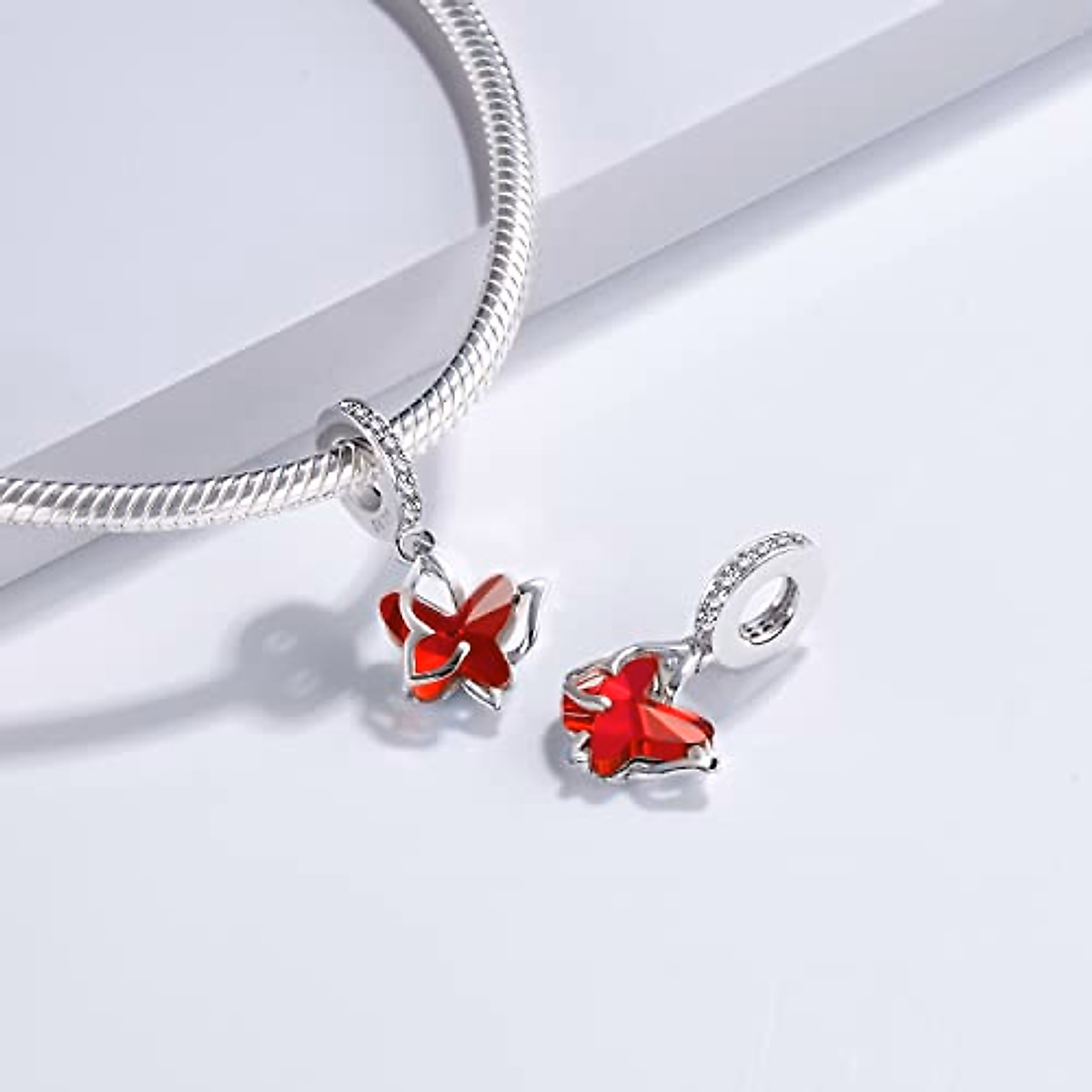 Butterfly Charm for Bracelet 925 Sterling Silver Red Butterfly Dangle Charm for Charm Bracelet and Necklace Birthday Mothers Valentines Day Flower Jewelry Gifts for Women