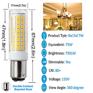 BA15D Led Light Bulbs 120V Dimmable 7W Double Contact Bayonet Base, 75W JD Type T3/T4 Halogen Equivalent, BA15D LED Bulb 3000K Soft Warm White for Sewing Machine Pendants Wall Light