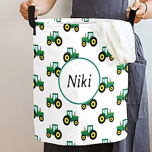 Farm Tractor Round Storage Basket Personalized Name Laundry Basket Waterproof Nursery Hamper with Handle for Living Room Bedroom and Clothes