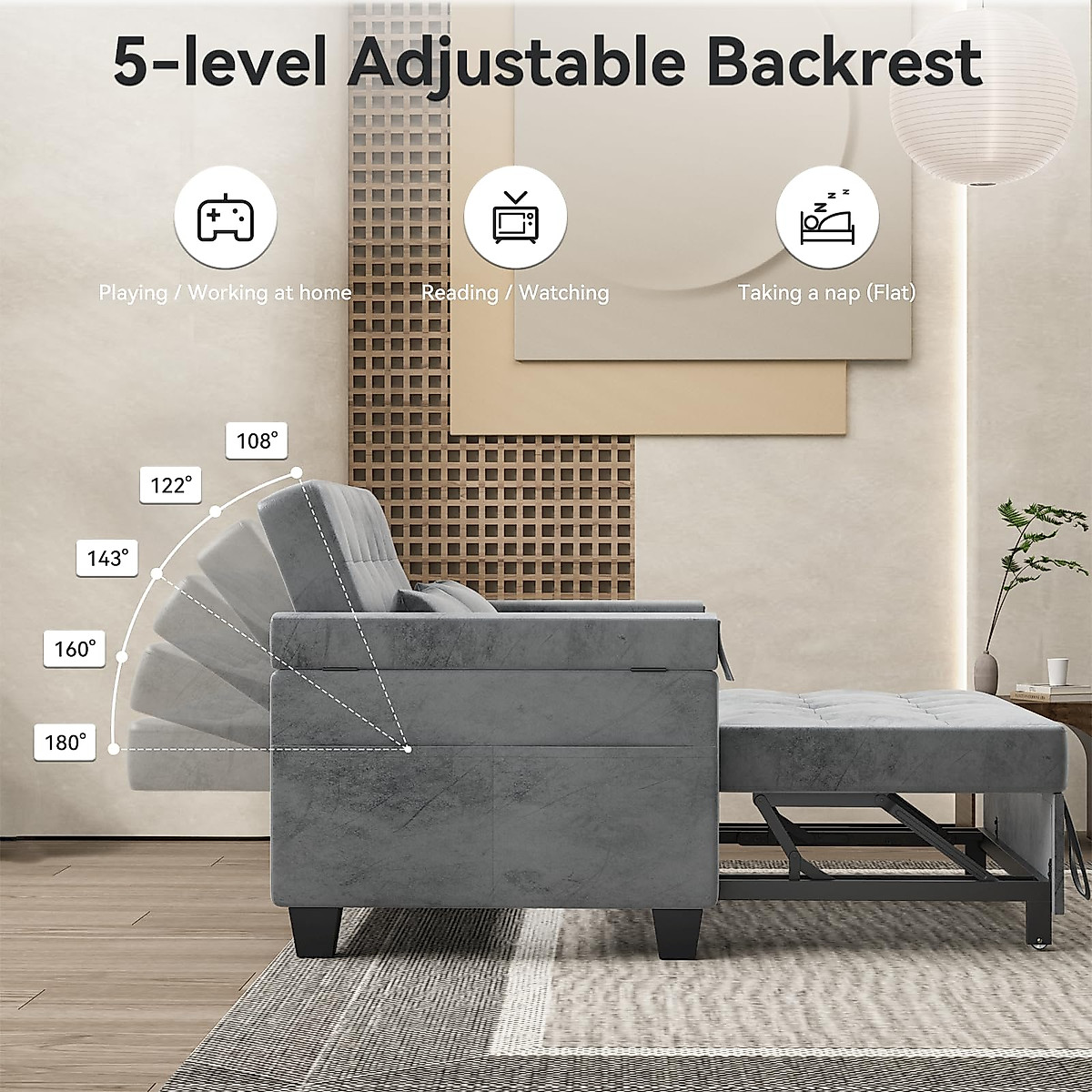 Buenhomino 3-in-1 Convertible Sofa Bed, Pull-Out Sofa Bed Multi-Functional Sleeper Couch, 48'' Loveseat Bed Chaise Lounge w/Hidden Side Table & Adjustable Backrest for Living Room, Small Space Gray