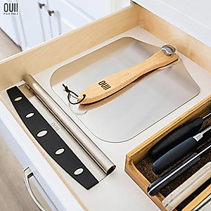OUII Pizza Peel Aluminum Metal Pizza Paddle - 12 x 14 inch. Pizza Cutter Rocker 14'' Blade Pizza Spatula for Pizza Stone, Pizza Oven Accessories. Pastry, Dough, Bread Peel and Rocker Knife Pizza Tools