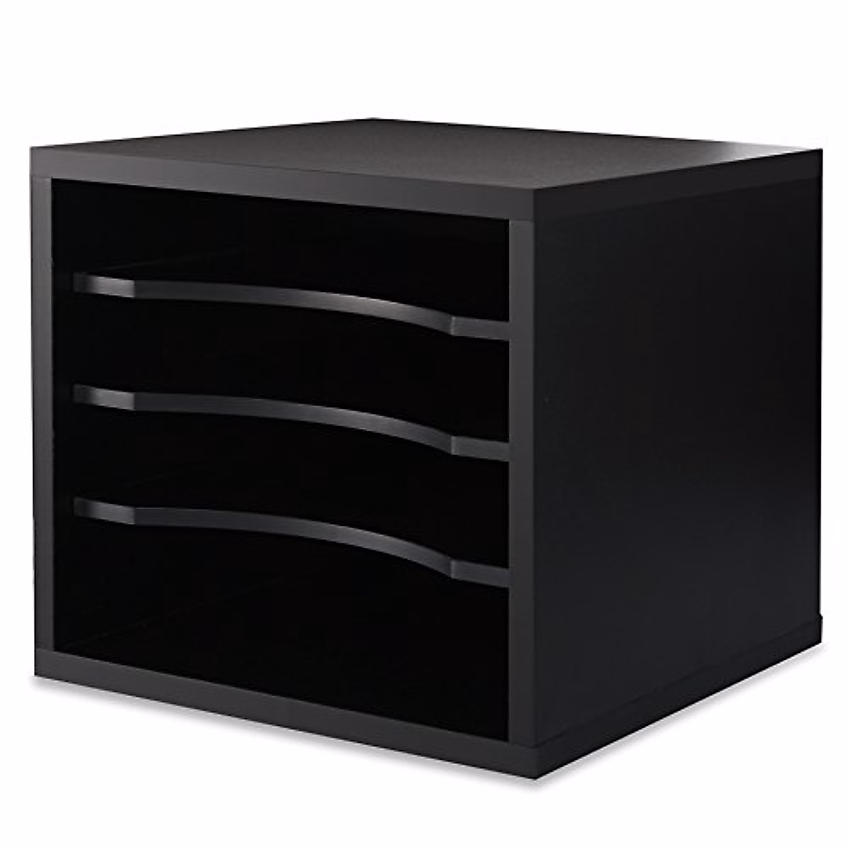 FITUEYES Wood Desk Paper Organizer with 4 Tiers Storage, Desktop File Holder, Document Letter Sorter Tray with Adjustable Shelves, Home Office Wooden Mail Rack, Black