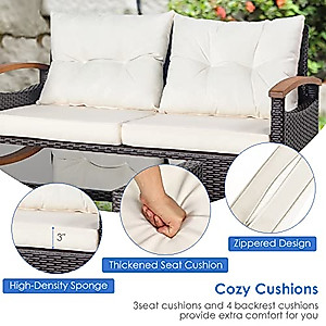 HAPPYGRILL 4 Piece Patio Conversation Set Rattan Sectional Sofa Set with Soft Cushions and Coffee Table, Outdoor Wicker Furniture Set with Acacia Wood Armrests, Perfect for Poolside, Garden, Backyard