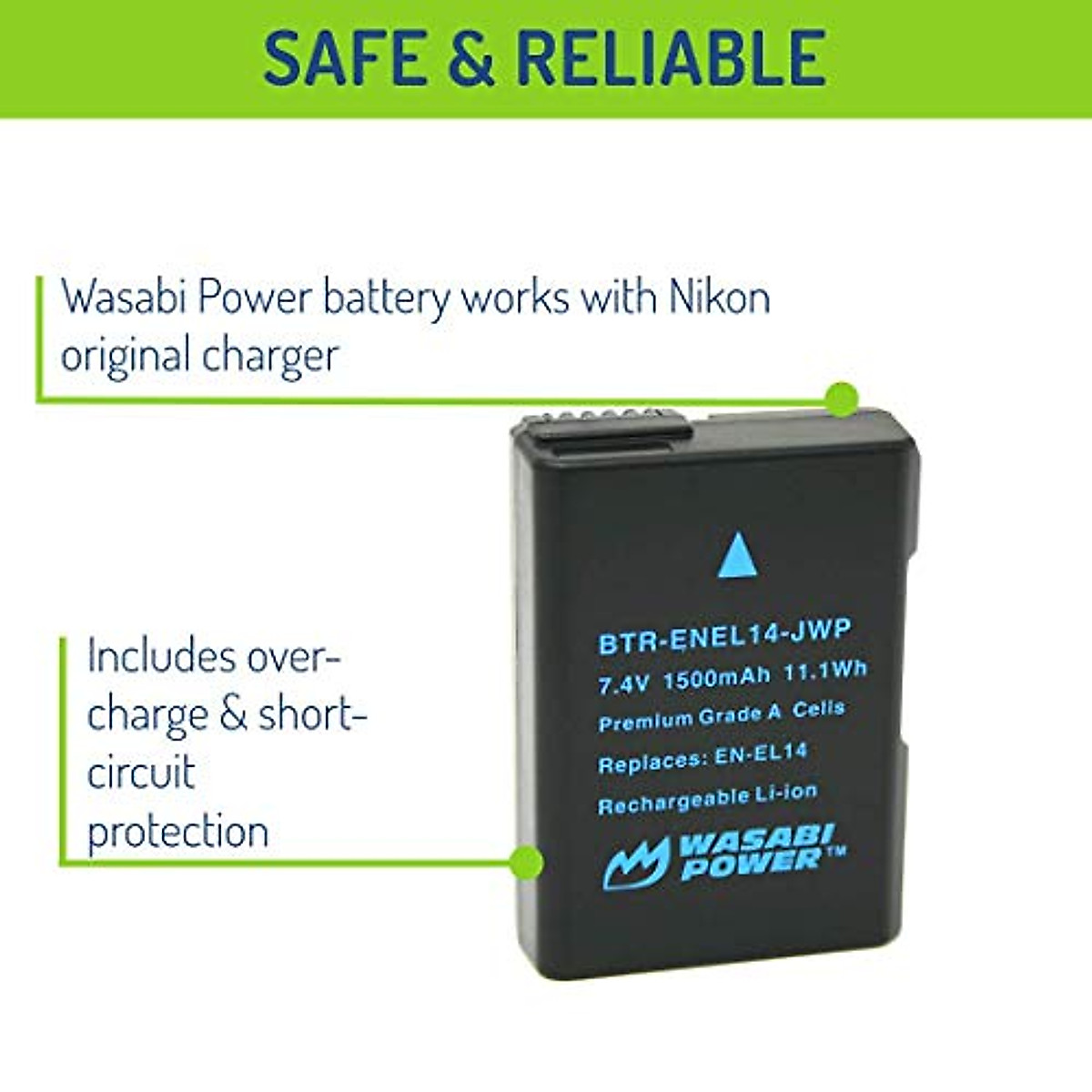 Wasabi Power Battery (2-Pack) for Nikon EN-EL14, EN-EL14a and Nikon Coolpix P7000, P7100, P7700, P7800, D3100, D3200, D3300, D5100, D5200, D5300, Df