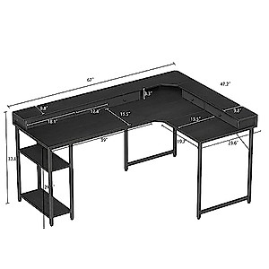 Treesland Large Desk, 24" Deep, Computer Desk with Monitor Stands, 67" L x 47" W Home Office Desks, Desk with Storage Shelves and 5 Drawers, Black