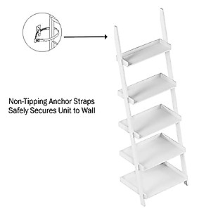 Lavish Home Ladder Bookshelf – 5-Tier Leaning Shelf Stand for Decorative Display - Living Room, Bathroom, or Kitchen Shelving Unit (White)