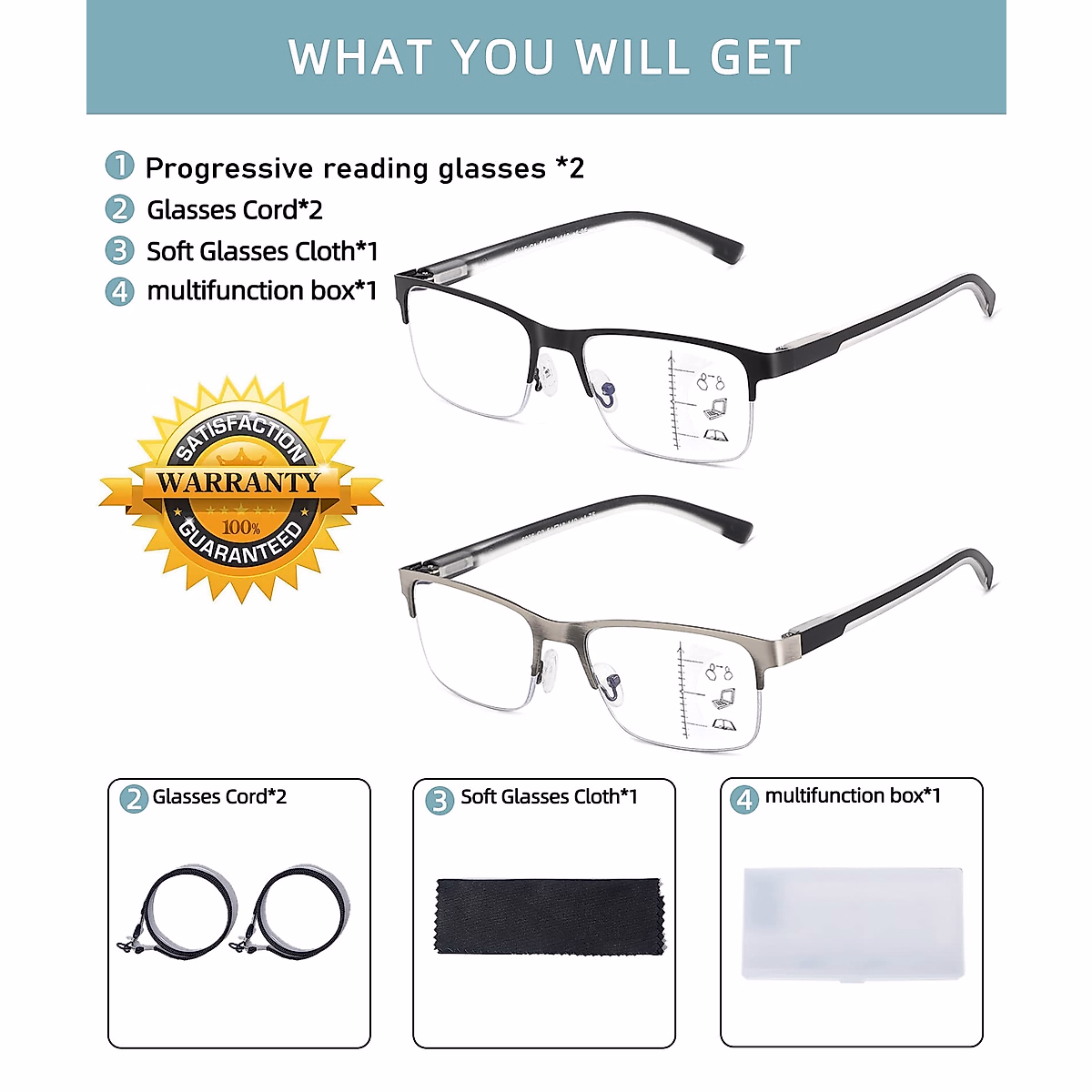Multifocus Reading Glasses Men Progressive Multifocal Blue Light Computer Reader Half Frame Metal Extra Wide Eyeglasses No Line Bifocals Large Designer Cheaters Transition Square Eyewear 2packs 1.25