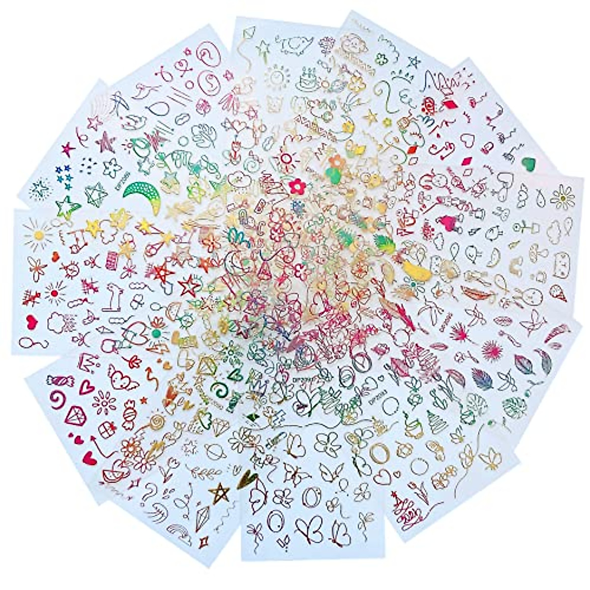 NAIL ANGEL 12 Sheets Nail Art Adhesive Sticker Sheets Coloful Rainbow Color Metallic Cartoon Star Moon Flower Shapes Nail Art Decoration (10288)