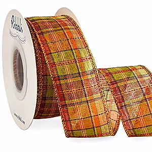 Ribbli Fall Burlap Wired Ribbon with Metallic Edge, 1.5 Inch x 10 Yard,Fall Plaid Ribbon for Big Bow,Fall Wreath,Gift Wrapping, Orange/Burgundy/Green