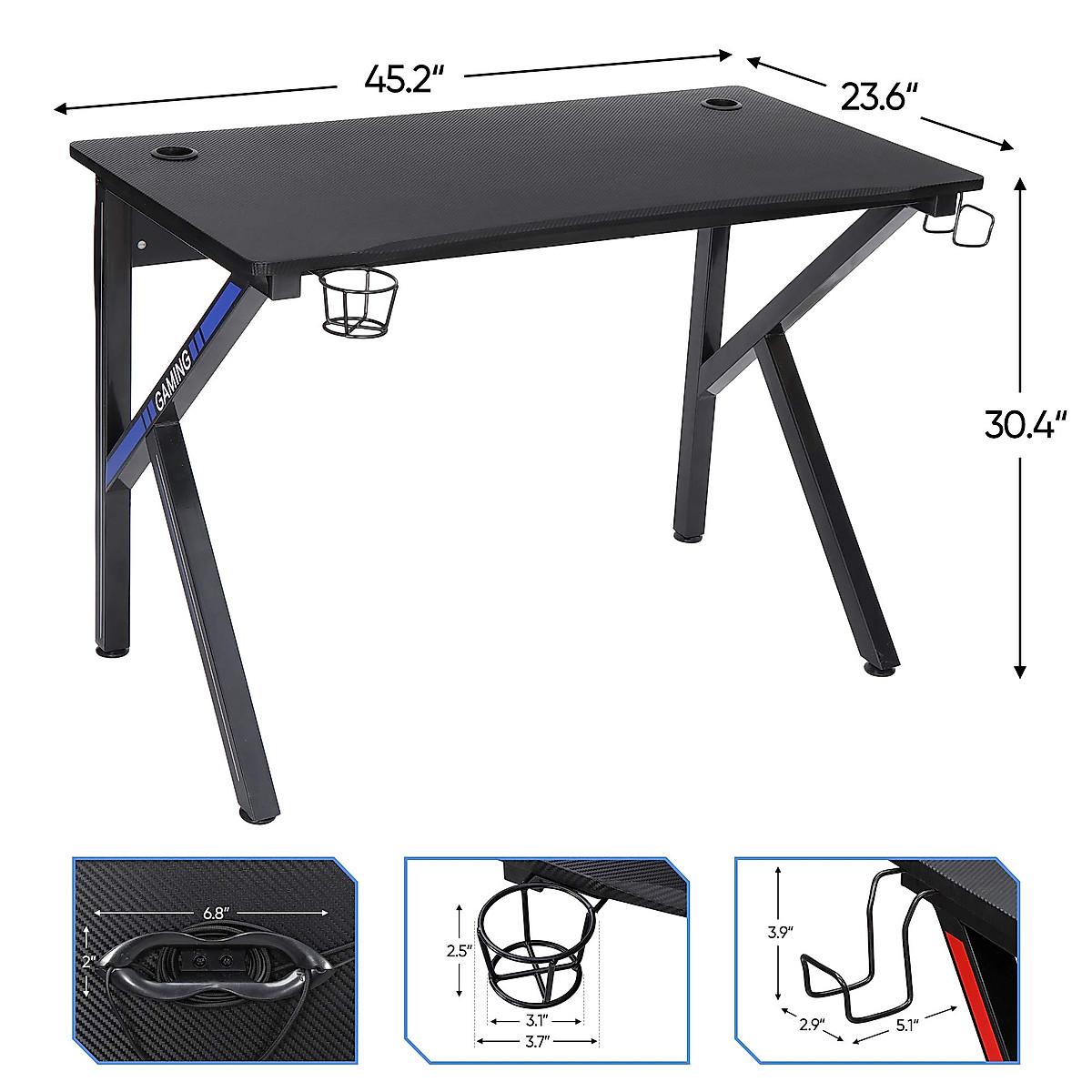 SUPER DEAL Gaming Desk 45" W x 23" D x 30" H Home Office Computer Desk w/Power Outlet, Free Red and Blue Stickers, Cup Holder, Headphone Hook, Black