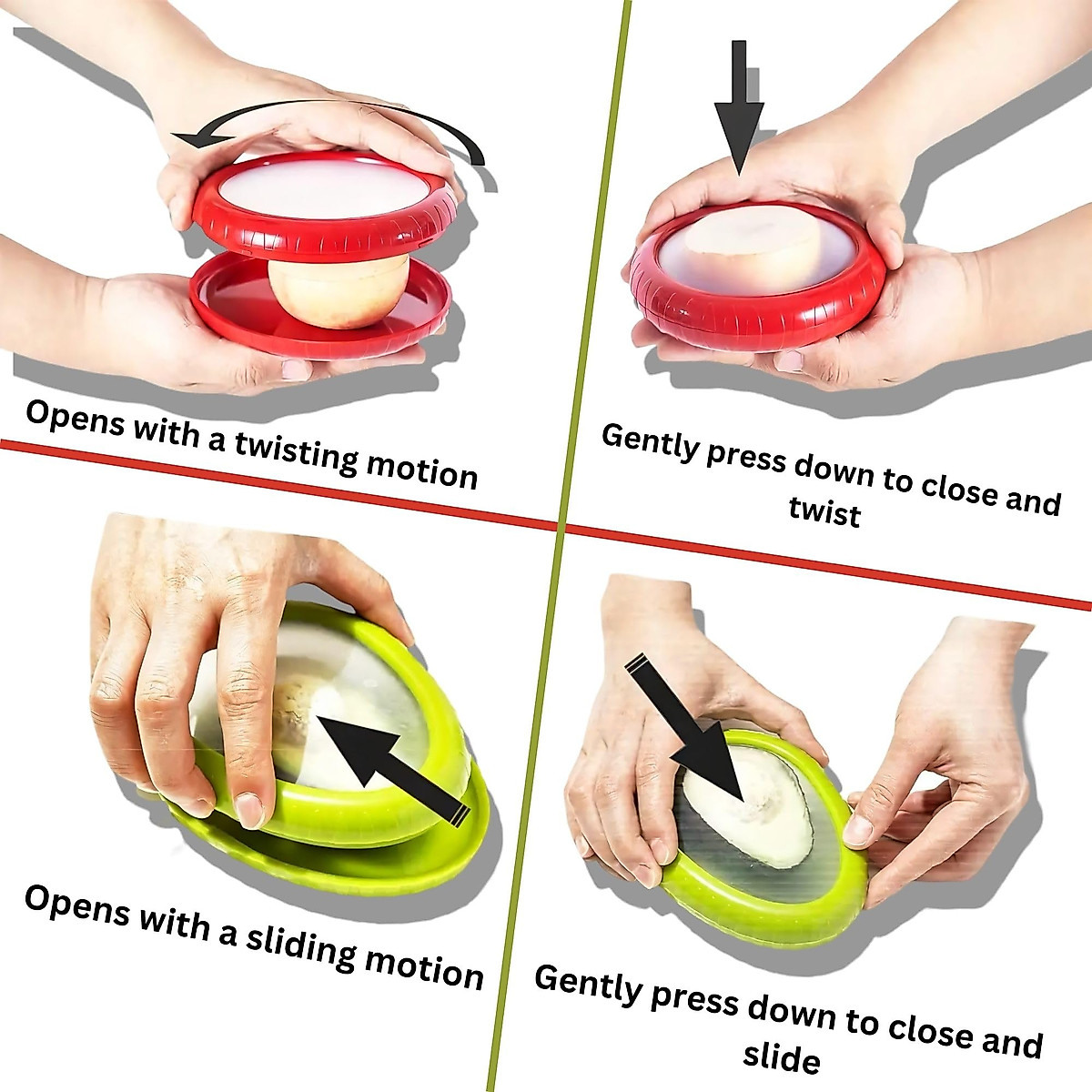 Non Slip Silicone Fruit and Vegetable Storage Containers For Fridge, Garlic Holder, Ideal for Avocado, Tomato, Onion, Lemon Halves | Herb Saver with Anti-Oxidation Design | Reusable Produce Saver 4pcs